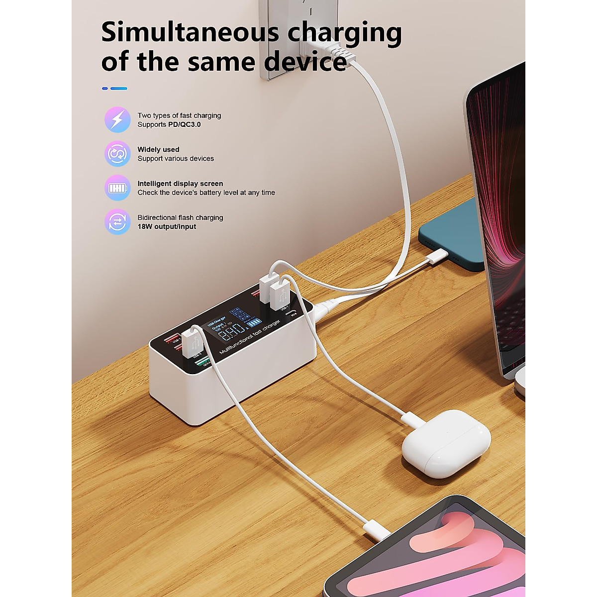 Charging Station for Multiple Devices, 8 Ports USB Charging Dock with QC3.0/PD18W USB-C Fast Charging Station for Multiple Devices Apple, Compatible with Ipad/MacBook Pro/Air, iPhone/Galaxy, Ect