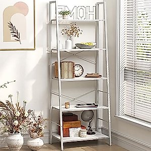 Yusong Ladder Shelf,Industrial 5-Tier Bookshelf,Free Standing Bookcase,Utility Organizer Shelves for Plant Flower,Wood Look Accent Furniture with Metal Frame for Home Office, (White)