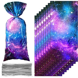 100 Pieces Outer Space Party Bags Plastic Galaxy Theme Bags Goodie Favor Bags Party Candy Bags with 100 Silver Twist Ties for Birthday Baby Shower Supplies
