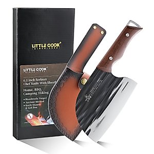 Serbain Chef Knife, Little Cook 6.1 inch Ancient Forged Meat Cleaver Knife, Premium Stainless Steel Butcher Knife with Ergonomic Wood Handle, Leather Sheath & Gift Box Included