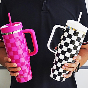 Dreamfocus 40 oz Stainless Steel Vacuum Insulated Tumbler with Handle and Straw, Upgraded Lid Automatic Rebound, Water Bottle Cup Travel Coffee Mug Black and White Checkered