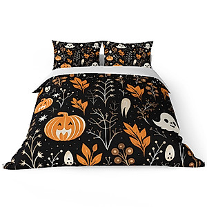 Haunted Halloween Nights Comforter Cover Set - King Size Black Pumpkin Lanterns, Ghosts, and Spider Webs - Spooky Bedding Set for Kids, Boys, Girls - Quilt Cover with 2 Pillowcases