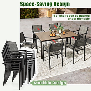 Tangkula 7 Piece Outdoor Dining Set, Patio Furniture Set w/ 6 Stackable Chairs & Large Rectangle Table, Dining Table Set for 6, Backyard, Porch, Garden, Poolside (Gray)