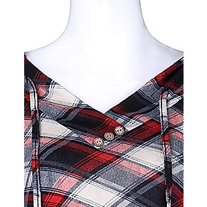 Miusey Knit Hoodie Women,Long Sleeve V Neck Plaid Patchwork Hoodie Polyester Form Fitting Thin Sweatshirt Decorative Wooden Buttons Pocket Fashion Sweaters for Women Black M