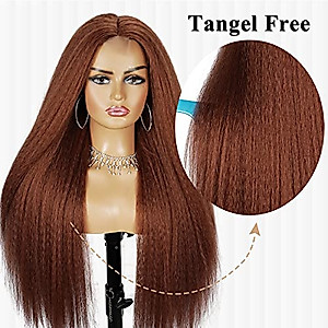 NOSTALGIA 32 Inch Copper Brown Kinky Straight Wig - Natural Kinky Wig for Black Women - Yaki Straight Hair Wig - Synthetic Middle Part Wigs - Daily Party Wig
