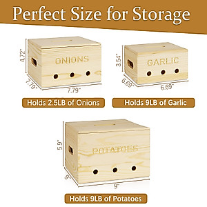 Edudif Potato and Onion Storage Bin Wooden Potato Storage Set of 3 Stackable Onion Storage with Aerating Storage Holes for Potato Onion Garlic Container