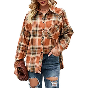 Blooming Jelly Womens Long Sleeve Shirts Flannel Plaid Tops 2023 Button Down Casual Fall Outfits Shacket(Medium, Orange Plaid)