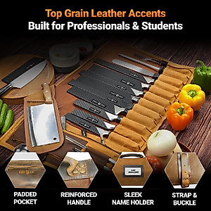 Chef Knife Roll Bag | 16oz ULTRA Wax Canvas & Top Grain Leather | 22 Slots & 4 Zipper Pouch | Double Stitch | Water-Resistant | Cleaver Pouch | Knife Organizer for Chefs and Culinary Students