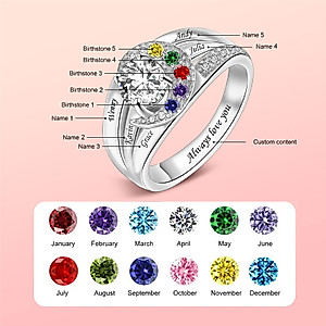 MissNaNa Birthstones Rings Gifts for Mom Custom 5 Simulated Birthstones Rings for Women 925 Silver Engraved Rings Promise Rings for Her Women Mom Mothers Grandma