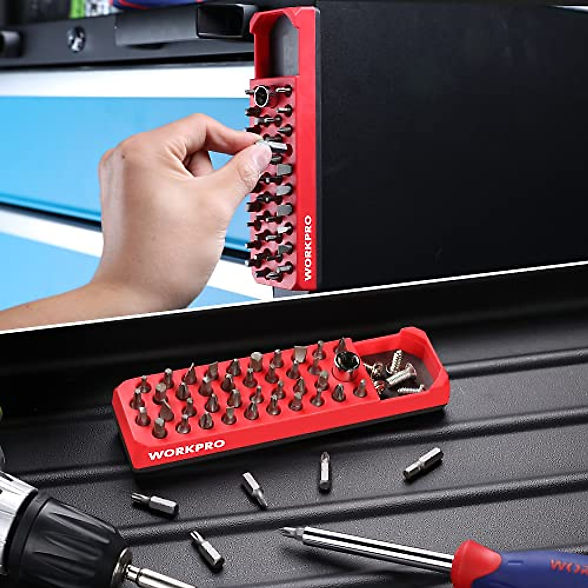 WORKPRO Magnetic Hex Bit Organizer, 39 Hole Screwdriver Drill Bit Holder Tray with Strong Magnetic Base, Accessories Storage Grid, for 1/4 Inch Hex Bit & Drive Bit Adapter, Red (Bits Not Included)