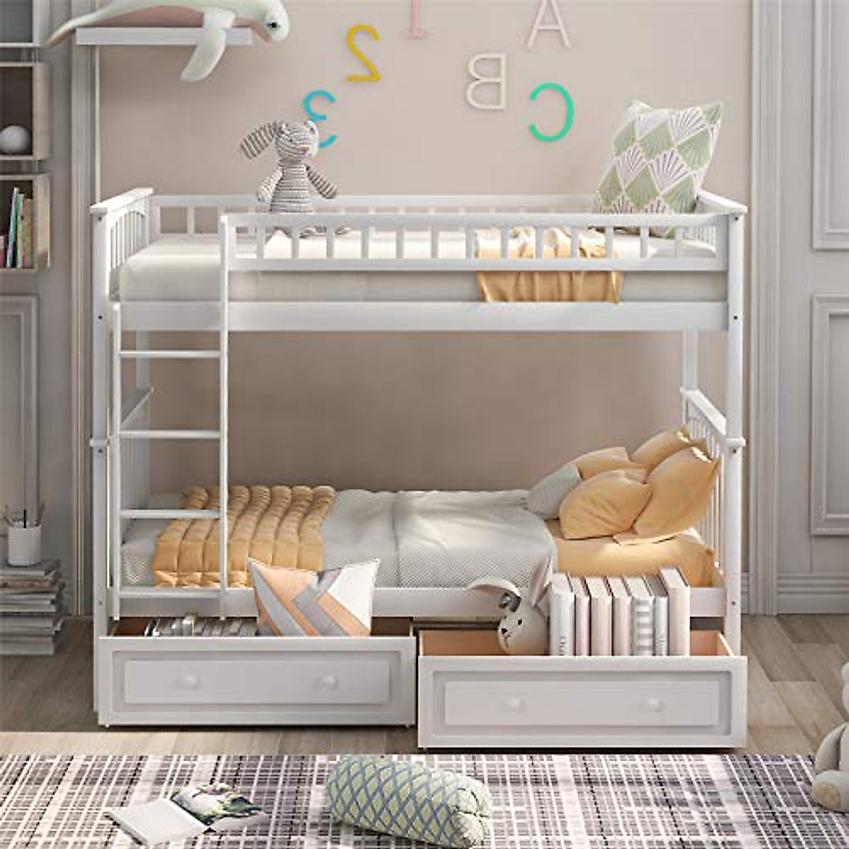 ATH-S Bunk Beds Full Over Full with Drawers, Solid Wood Full Bunk Beds with Ladder for Boys Girls Teens Adults, Gray (Color : Twin White)