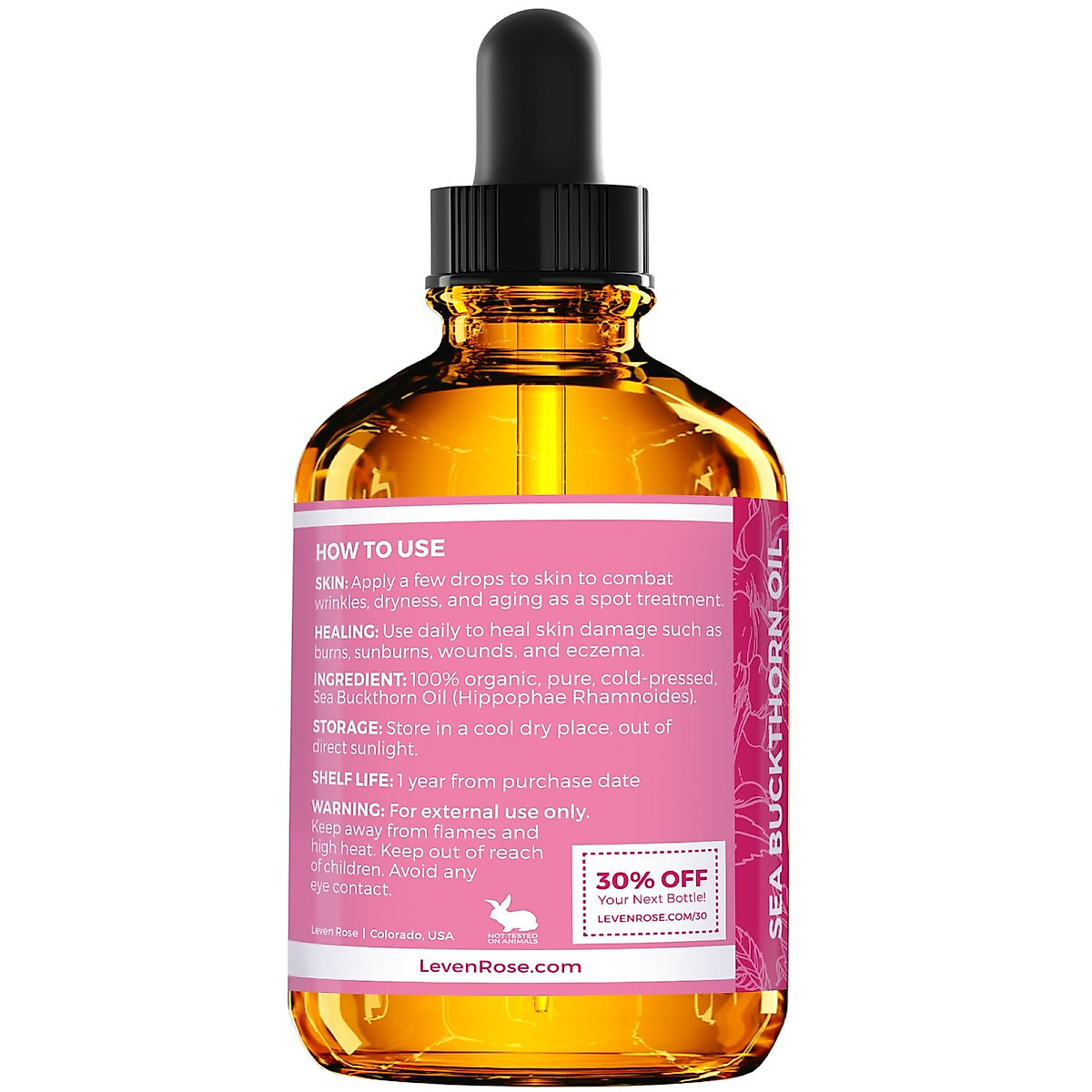 Leven Rose Sea Buckthorn Seed Oil, 100% Pure Unrefined Cold Pressed for Hair Skin and Nails (2 oz)