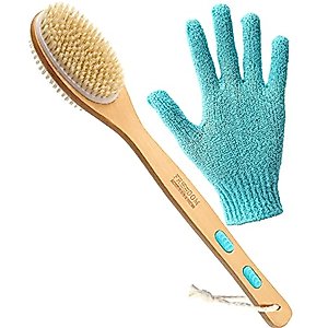 FREEDOM GOODS Back Scrubber for Shower (Dual Sided), Long Handled Shower Brush, Dry Brushing Body Brush (Hard and Soft Bristles), Body Scrubber Shower and Bath Brush with Exfoliating Glove Men Women