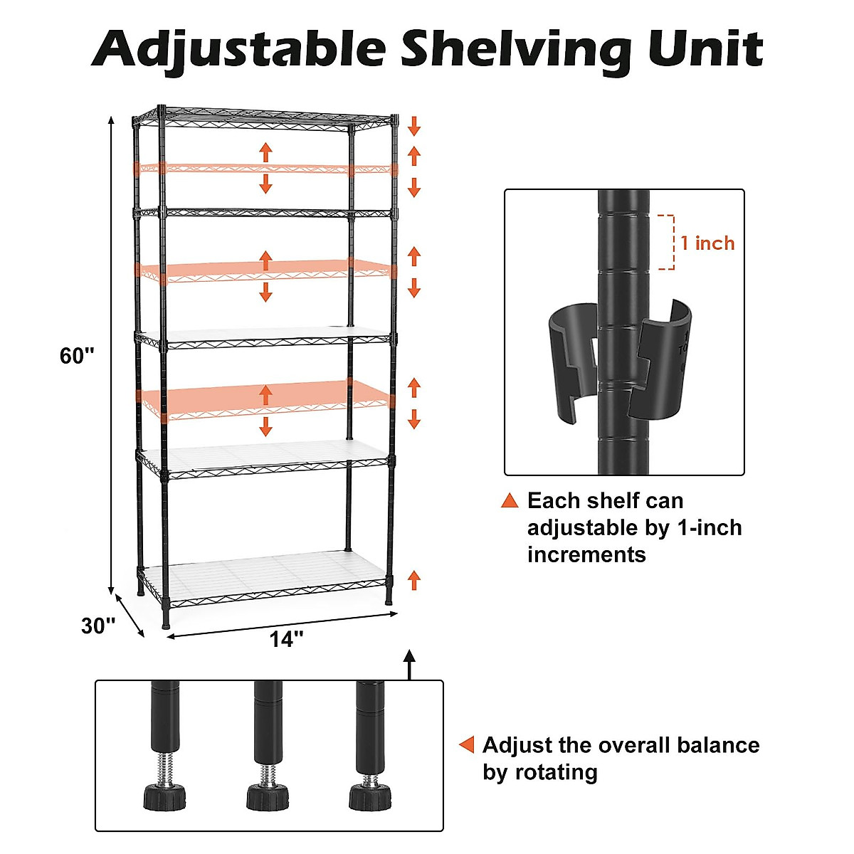 WDT 5 Tier Shelf Shelving Unit with Liners,Adjustable Metal Shelves for Storage, NSF Certified Wire Shelving Rack,1250bs Capacity Storage Shelves for Kitchen Garage,14" D×30" W×60" H