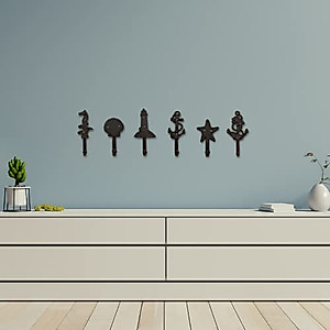 Needzo Cast Iron Nautical Hanging Hooks, Six Pack Mounted Wall Accessories for Bathroom Towels, Coats, Robes, Keys, and More, Vary from 4.5 to 6 Inches