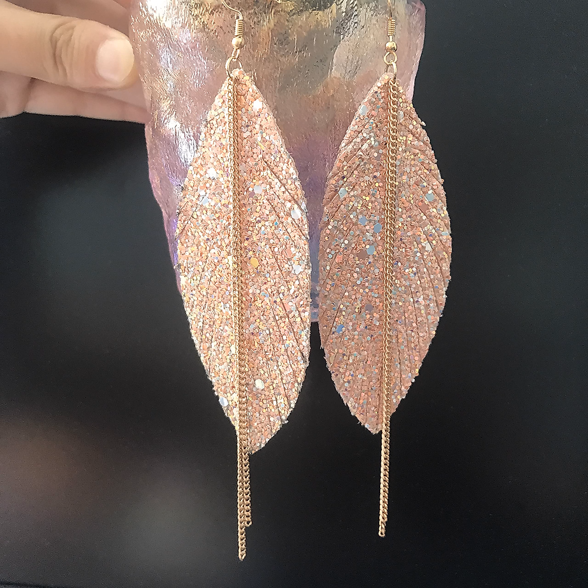 JIUIQL Unique Handmade Fashion Large Leopard Soft Leather Fringe Feather Dangle Drop Color Earrings Lightweight Faux Leather Sparkly Shine Glitter Leaf Earring for Women Statement Jewelry Gifts (Pink)