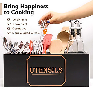 Yumkfoi Extra Large Utensil Holder with 4 Compartments, Wooden Farmhouse Utensil Organizer for Kitchen Counter, Rustic Cooking Utensil Crock Countertop Utensil Caddy Spatula Holder (Classic Black)