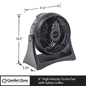 Comfort Zone CZHV8T 8” 3-Speed, Wall-Mountable Table Fan with 180-Degree Adjustable Tilt, Black