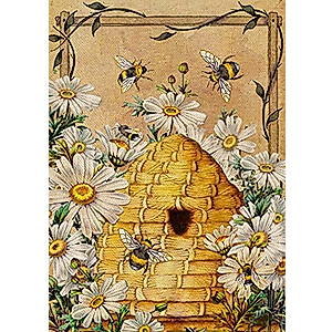 Furiaz Daisy Bee Spring Summer Garden Flag, House Yard Lawn Decorative Small Flag Honeycomb Flower Home Outside Decoration Sign, Floral Hive Farmhouse Burlap Outdoor Welcome Decor Double Sided 12x18