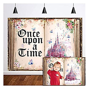 MAQTT Fairytale Book Photography Backdrop 7x5ft Once Upon A Time Backdrop for Girls Birthday Party Decoration Pink Flowers Butterfly and Castal Princess Backdrop for Baby Shower Cake Table Decor