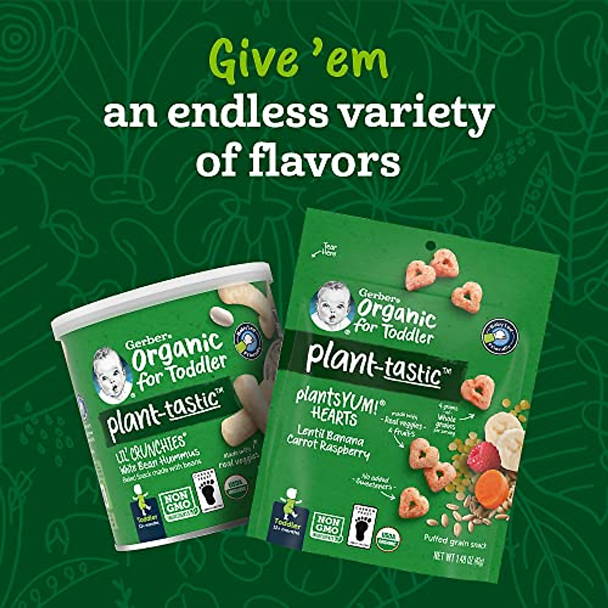 Gerber Organic Baby Food, Toddler, Plant-tastic, plantsYum Hearts, Lentil Banana Carrot Raspberry, 1.48 oz, Pack of 4