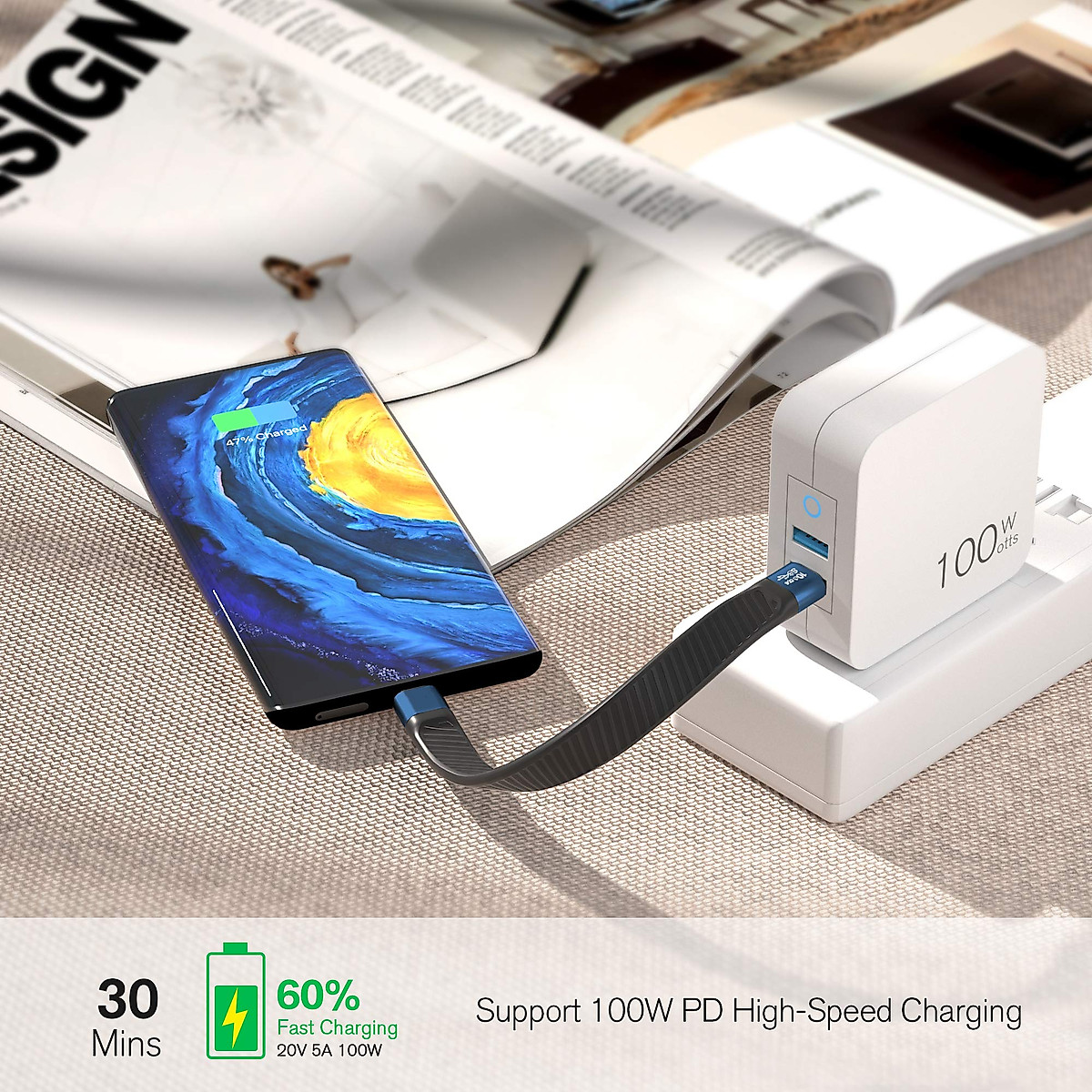 Aprilery Short USB C to USB C Cable, 0.45ft USB 3.2 Gen 2 10Gbps 100W 5A Type C Charging Cable Fast Charge, for MacBook, iPad Pro, Surface, Chromebook, External SSD, Power Bank, Samsung S21 etc