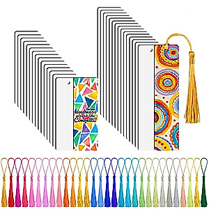 Juome 30 Pcs Sublimation Blanks Bookmark, Sublimation Blanks Products with 30 Pcs Colorful Tassels for DIY Bookmarks Crafts Projects Sublimation Accessories, Double Sided Sublimate