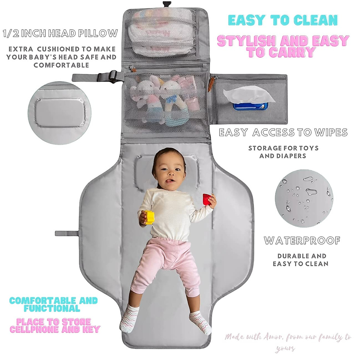 Portable Diaper Changing Pad for Baby, Detachable Travel Changing Pad with Baby Wipes Pocket, Gifts for Baby Shower, Newborn Girls and Boys, Foldable Changing Pad