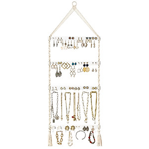 Mkono Hanging Jewelry Organizer Macrame Necklace Holder Wall Mounted Jewelry Hanger Earring Holder Organizer Boho Decor Over Door Jewelry Display Necklace Rack for Necklaces Bracelets Earrings
