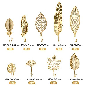 BENECREAT 9pcs Decorative Leaves Iron Hooks, 9 Style Feather/Maple Leaf Wall Mounted Hangers Gold Coat Hooks for Hanging Key, Towel, Coat, Photo Frame, Hat, Bag and Umbrella