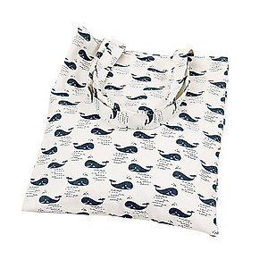 Caixia Women's Cotton Cartoon Whale Print Canvas Tote Shopping Bag (Beige-Zip)