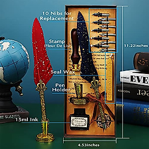 Jubapoz Feather Pen Calligraphy Pen and Ink Set Antique Writing Quill Ink Dip Pens with Sealing Stamp and Wax for Drawing, Signatures, Retro Decoration (Glittering Navy Blue)