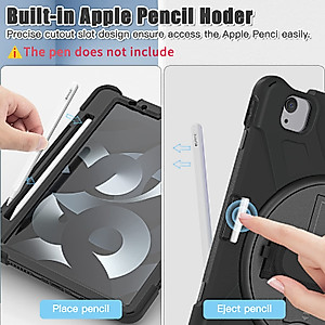 ZenRich iPad Air 5th Generation Case 2022, iPad Air 4th Generation 10.9 inch Case with Pencil Holder/Stand/Hand Strap/Shoulder Belt, Shockproof Case for iPad Air 10.9'',Black