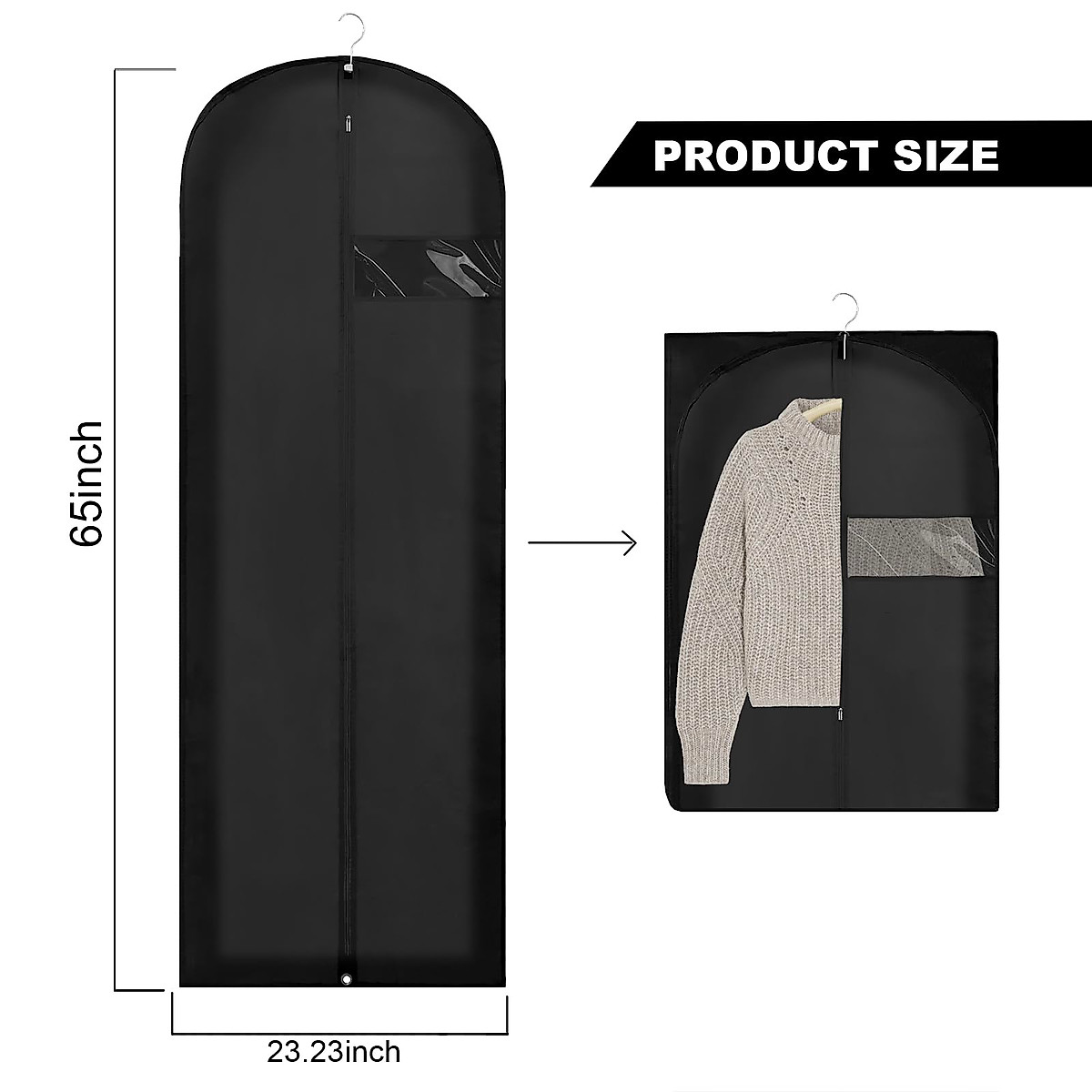 Beiskll Dress Bags for Gowns Long, 65'' Garment Bags for Hanging Clothes and Travel, Suit Bag for Storage, Clear Foldable Garment Bag (Black)