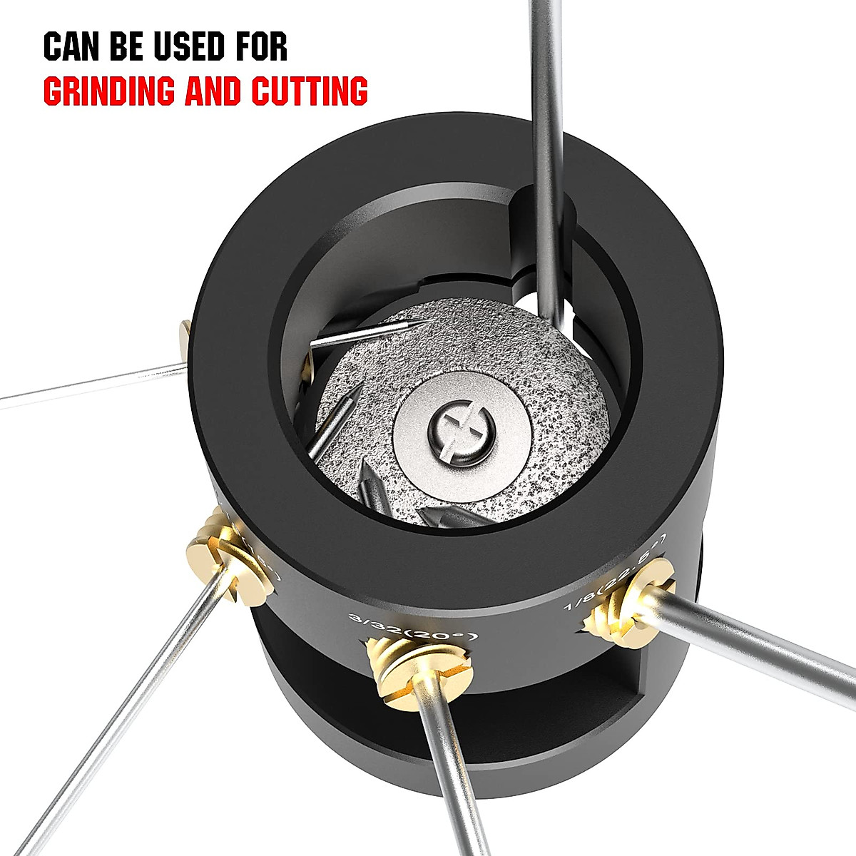 3mirrors ALUMINUM Tungsten Electrode Sharpener Grinder TIG Welding Rotary Tool w/Flat Grinding Block, Cut-Off Slot, Multi-Angle & Offsets, 4 Screw Holes, 5 Double-Sided Grind Wheels, 2 CNC Mandrels