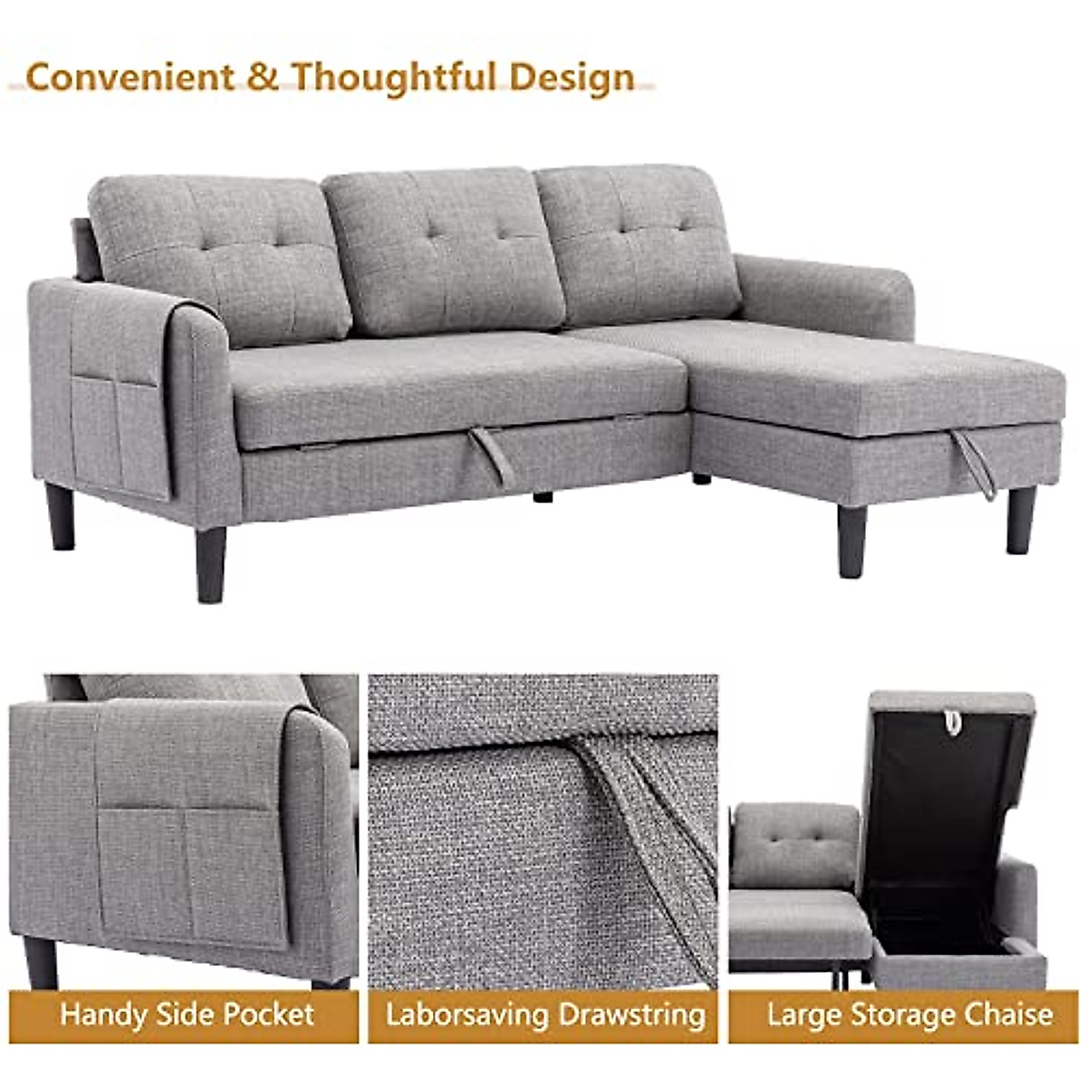 GNIXUU Pull Out Couch, Small Sectional Sleeper Sofa Bed with Storage Chaise, Convertible 3 Seater L Shaped Couch for Living Room, Grey