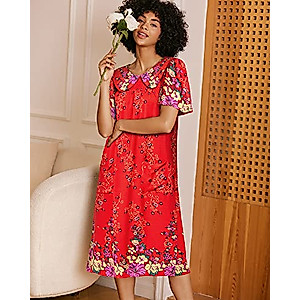 Ekouaer Women's House Dress Short Sleeve Sleepwear Mumu Lounge Wear Old Lady Nightgown Floral Print Night Dress with Pockets, Red, XXX-Large