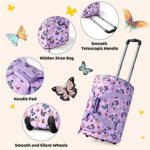 Choco Mocha Girls Unicorn Suitcase with Wheels Kids Purple Rolling Duffle Bag for Camping Teen Girls Toddler Luggage Bag for Travel, 22inch