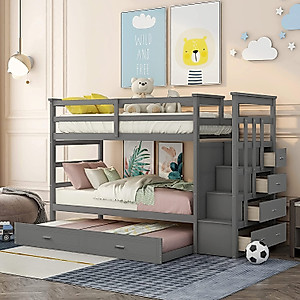 Twin Over Twin Bunk Bed with Twin Size Trundle, Solid Wood Bunk Beds with 4 Storage Drawers, Staircase and Safety Guard Rail, No Box Spring Needed (Gray)