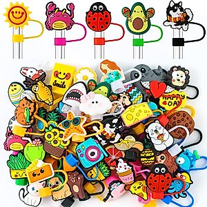 50 Pcs Different Straw Cover Caps for Tumblers, Cute Dringking Straw Toppers,10mm Dust-Proof Reusable Straw Tips Lids, Bulk PVC Straw Protector for Party Gifts