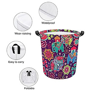 Colorful Flower Elephant Waterproof Laundry Baskets Bohemia Collapsible Laundry Hamper with Handles Large Round Toy Bin for Dirty Clothes,Kids Toys,Bedroom,Bathroom