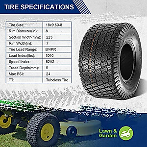 MaxAuto 18x9.50-8 Lawn Mower Tires,18x9.50-8 Lawn Tractor Tire, 18-9.50-8, 18x9.50 8nhs, 18x9.5-8 Tire for Lawn Mowers, 4 Ply Tubeless Tire, 1040lbs Capacity, Set of 2