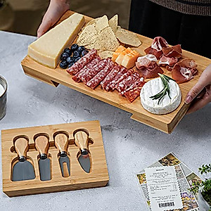 BIGTREE Bamboo Cheese Board and Knife Set, Charcuterie Board Serving Tray, Wine Meat Cheese Platter