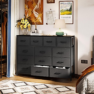 ODK Dresser with Charging Station, 57-Inch Long Dresser for Bedroom, Large Dresser TV Stand with 13 Storage Drawers, Fabric Dresser Chest of Drawers, Black