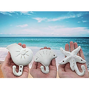 Sea Snail Starfish Shell Shape Cast Iron Nautical Wall Hooks Set, 3-Pack Assorted Rustic White Seaside-Themed Wall Mount Coat Hooks, Beach Coastal Wall Decor