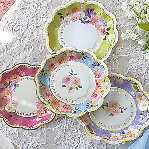 Kate Aspen Updated Vintage Floral Tea Party 7 in. Premium Decorative Paper Plates | Baby Shower or Bridal Shower Party Supplies - Party Plates in Assorted Colors with Gold Foil (Set of 16), …