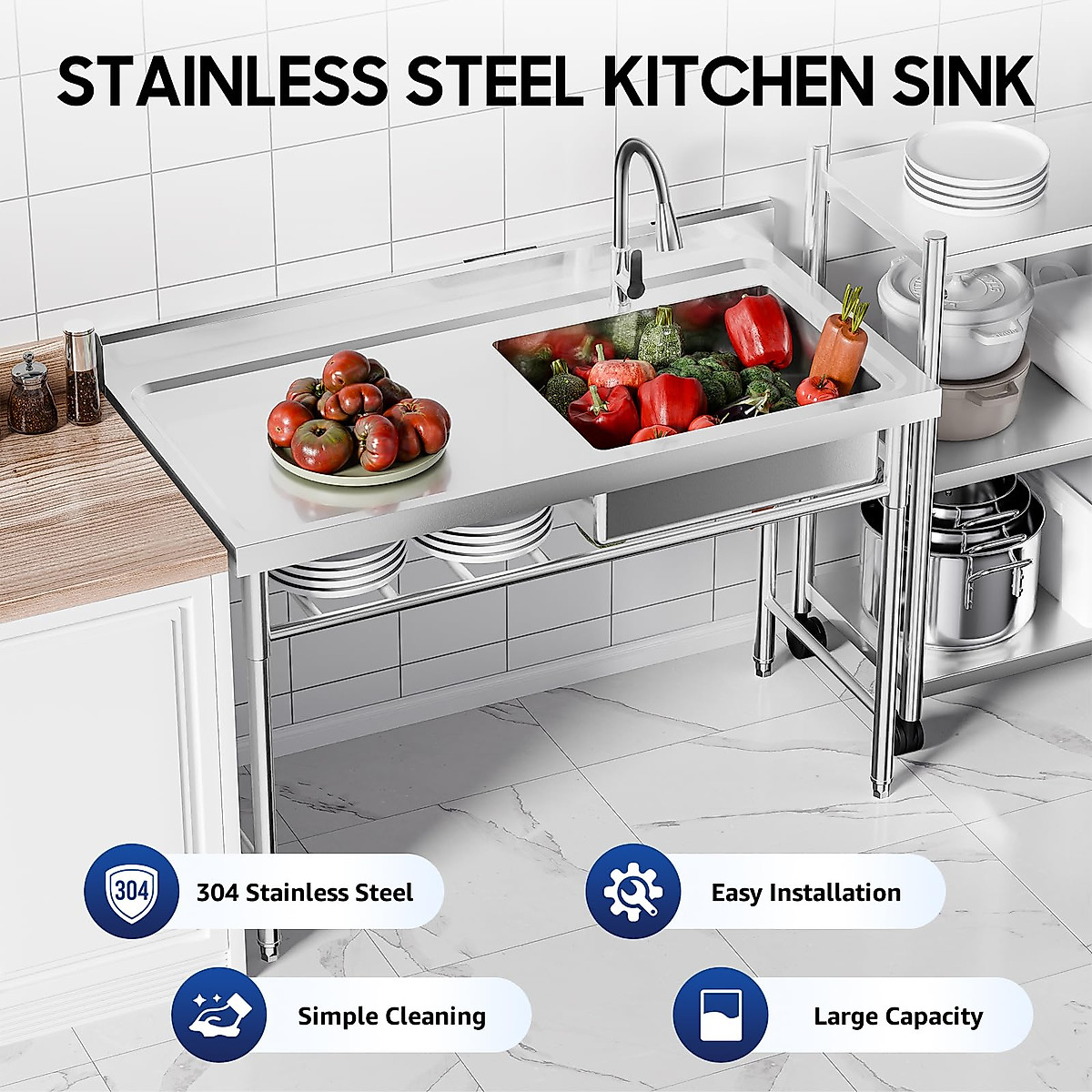 Stainless Steel Utility Sink, Single Bowl Free Standing Kitchen Sink with Faucet & Workbench, Topmount Kitchen Sink for Farmhouse, Bathroom, Bar, Laundry Room (47.24 * 23.62 * 31.5inch)