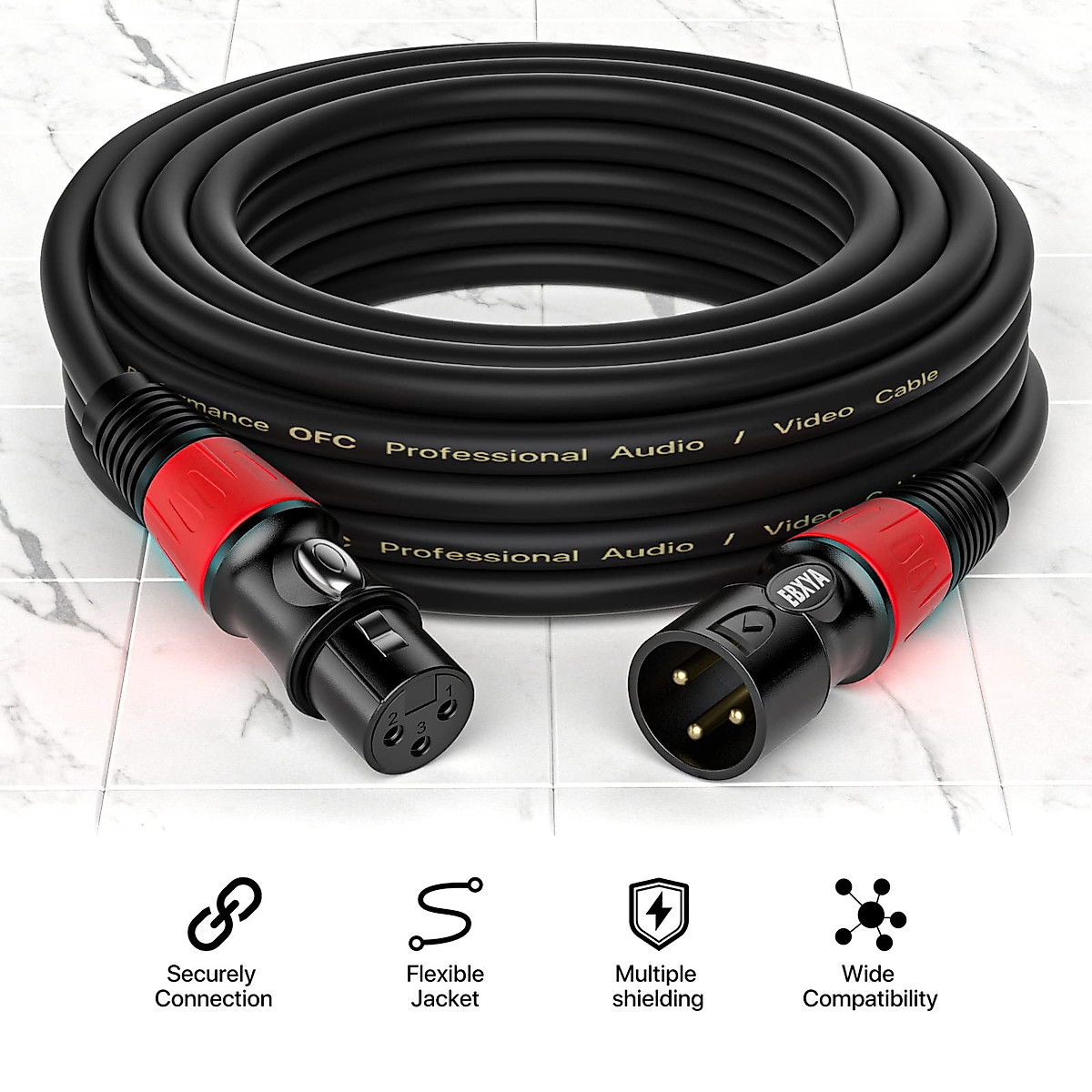 EBXYA XLR Cable 25 Ft 2 Packs DMX Cable with 3 Pins Male to Female for Stage Lighting Patch Cable