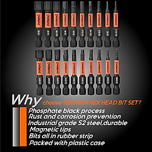 Metric & SAE Hex Head Allen Wrench Drill Bit Set,TEKPREM 20-Piece 1/4 inch Magnetic Tip Hex Screwdriver Bit Set with Rubber Strip and Storage Box, S2 Steel & 2 inch Long