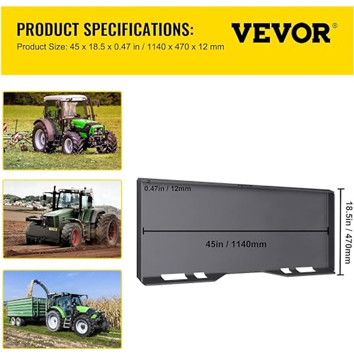 VEVOR 1/2" Skid Steer Attachment, Universal Quick Attach Mount Plate Compatible with Buckets, Plows, Forks and Tractors, Black